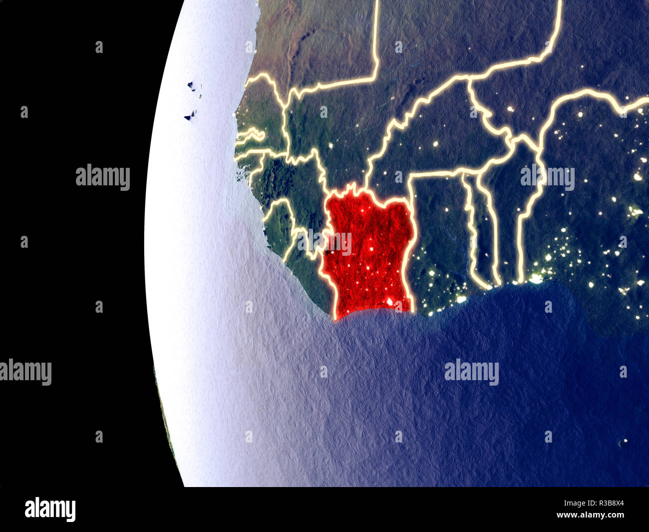 Night view of Ivory Coast from space with visible city lights. Very ...