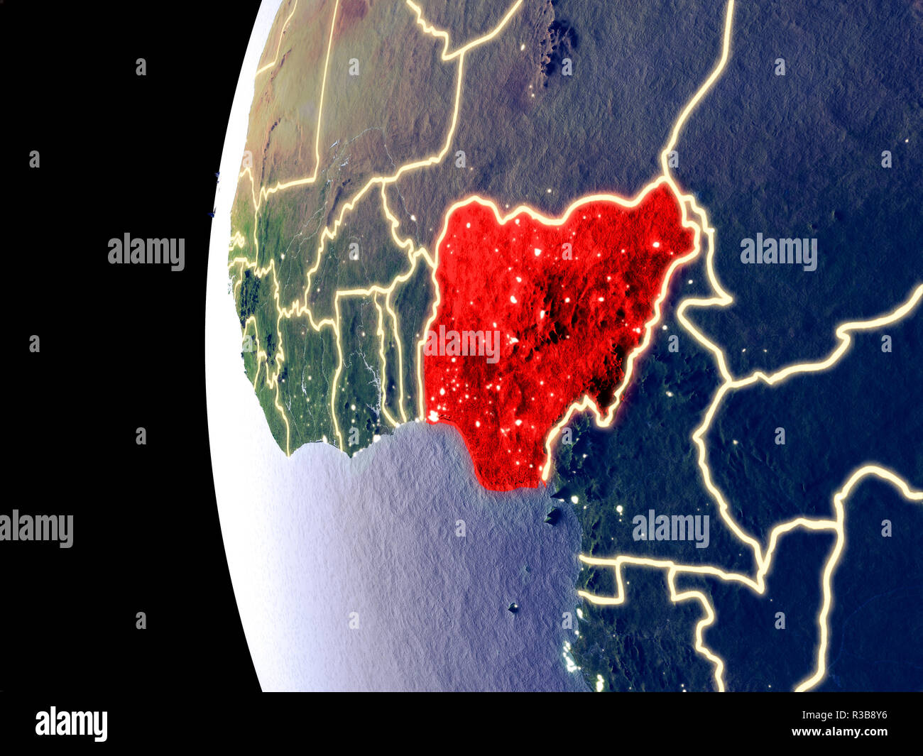 Night view of Nigeria from space with visible city lights. Very ...