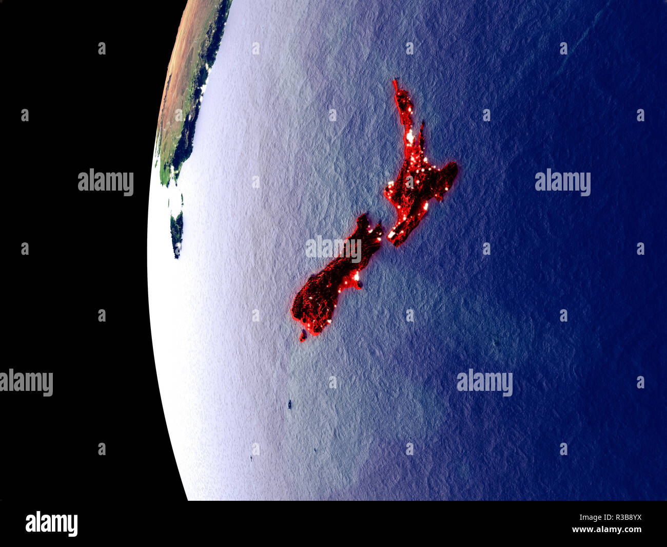 Night view of New Zealand from space with visible city lights. Very ...