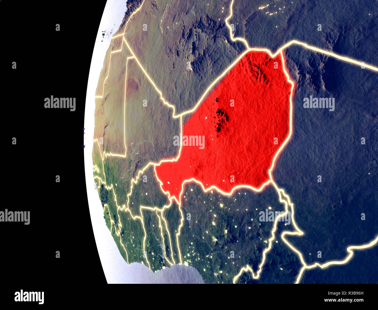 Night view of Niger from space with visible city lights. Very detailed ...