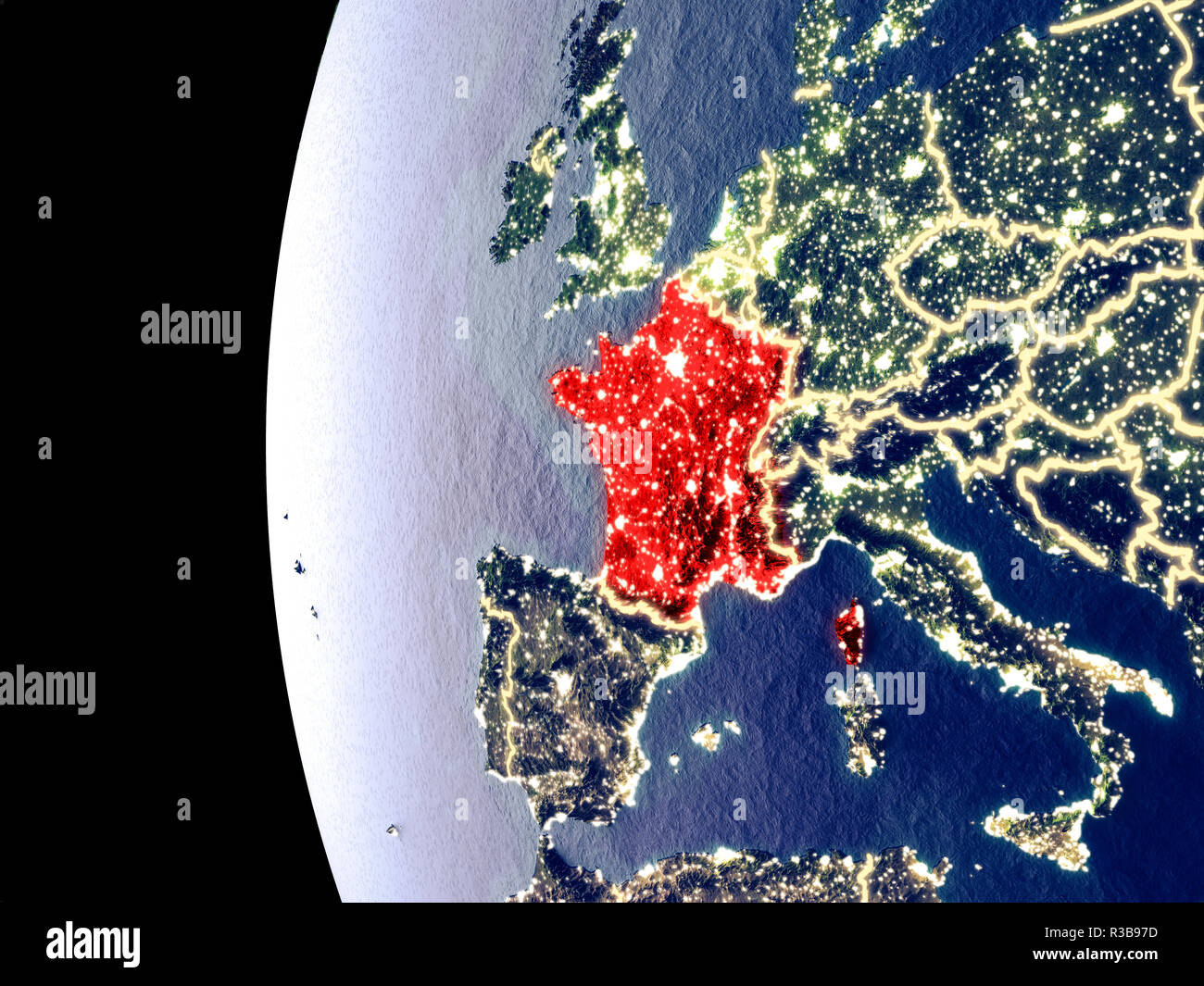 Night view of France from space with visible city lights. Very detailed ...