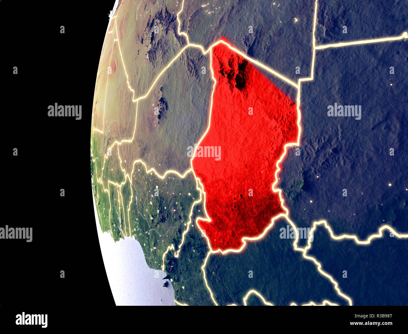 Night view of Chad from space with visible city lights. Very detailed ...