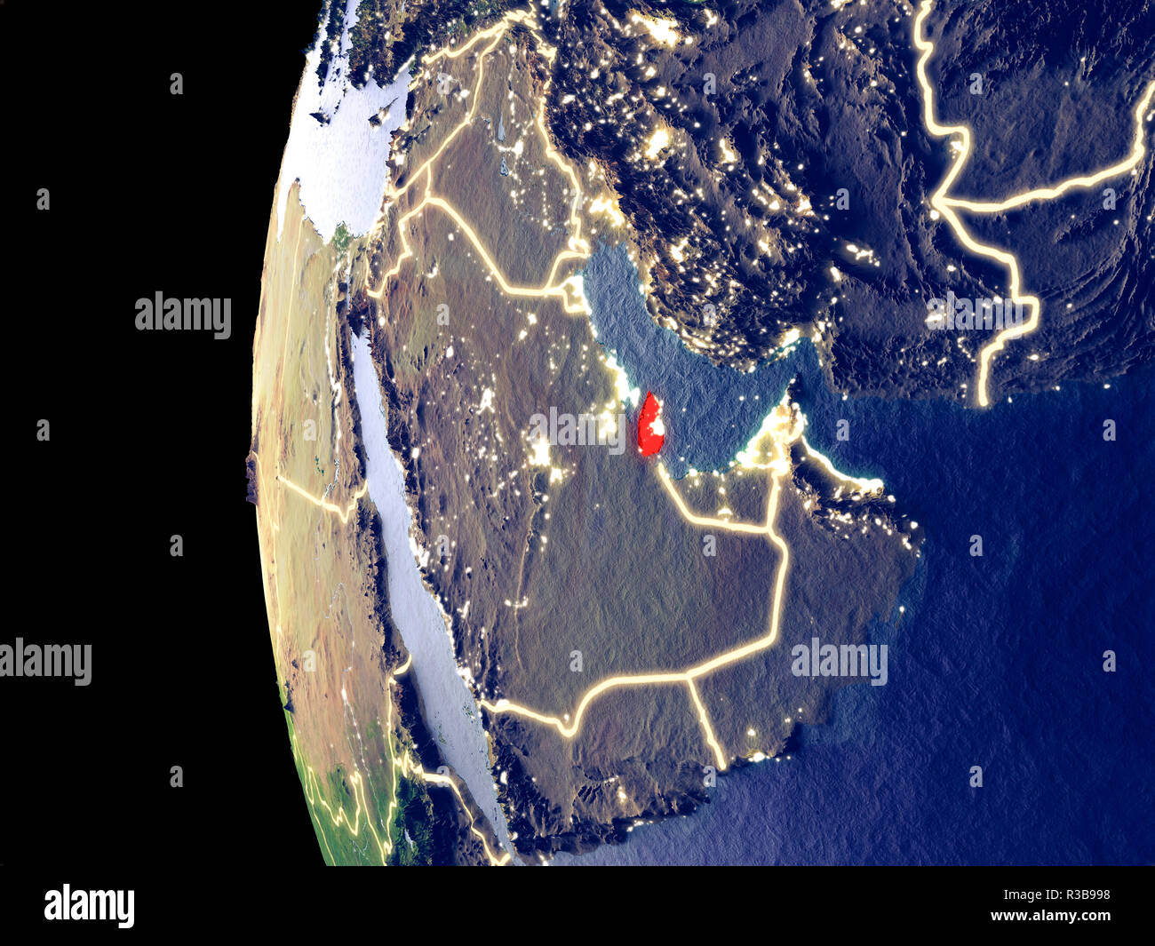 Night view of Qatar from space with visible city lights. Very detailed ...