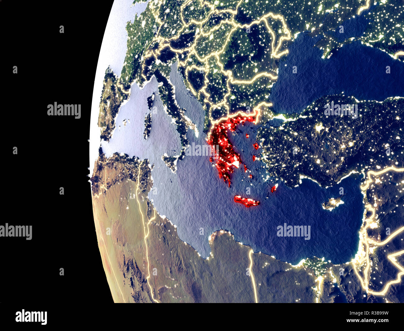 Night view of Greece from space with visible city lights. Very detailed ...