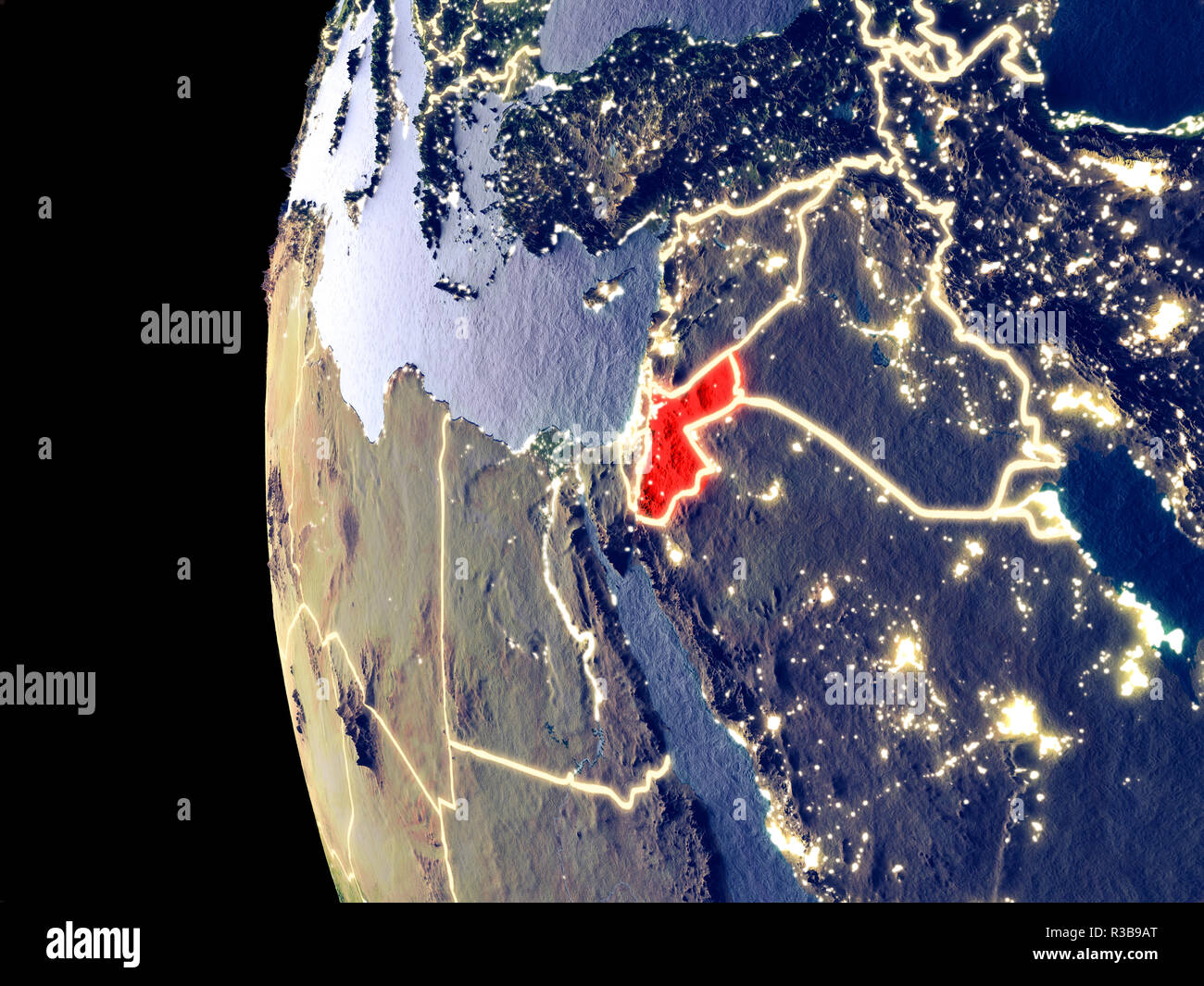 Night view of Jordan from space with visible city lights. Very detailed ...