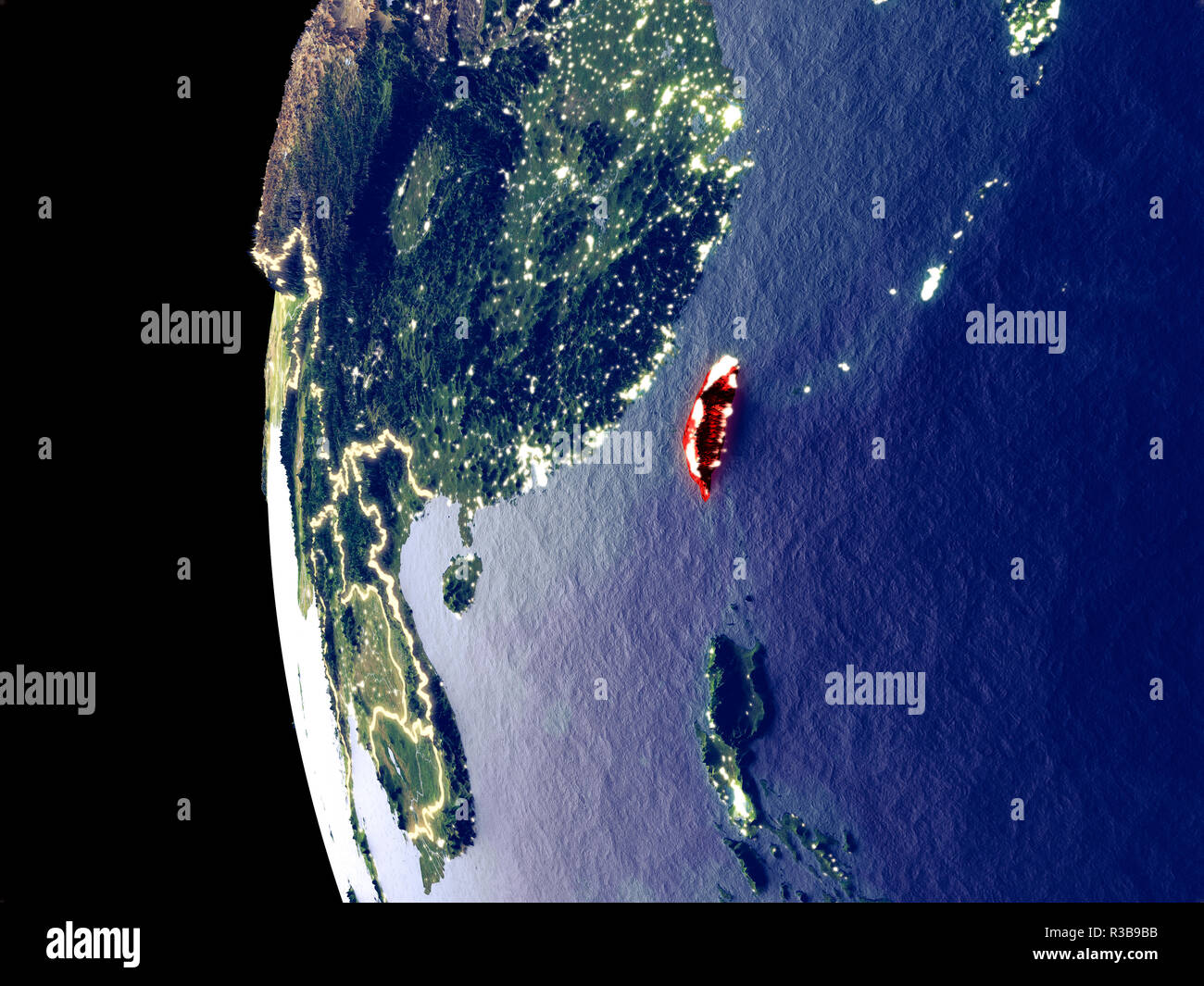 Night view of Taiwan from space with visible city lights. Very detailed ...