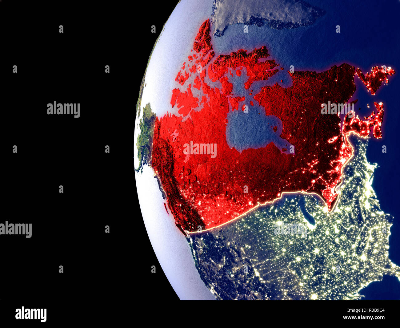 Night view of Canada from space with visible city lights. Very detailed ...