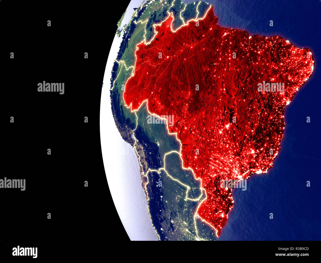 Night view of Brazil from space with visible city lights. Very detailed ...