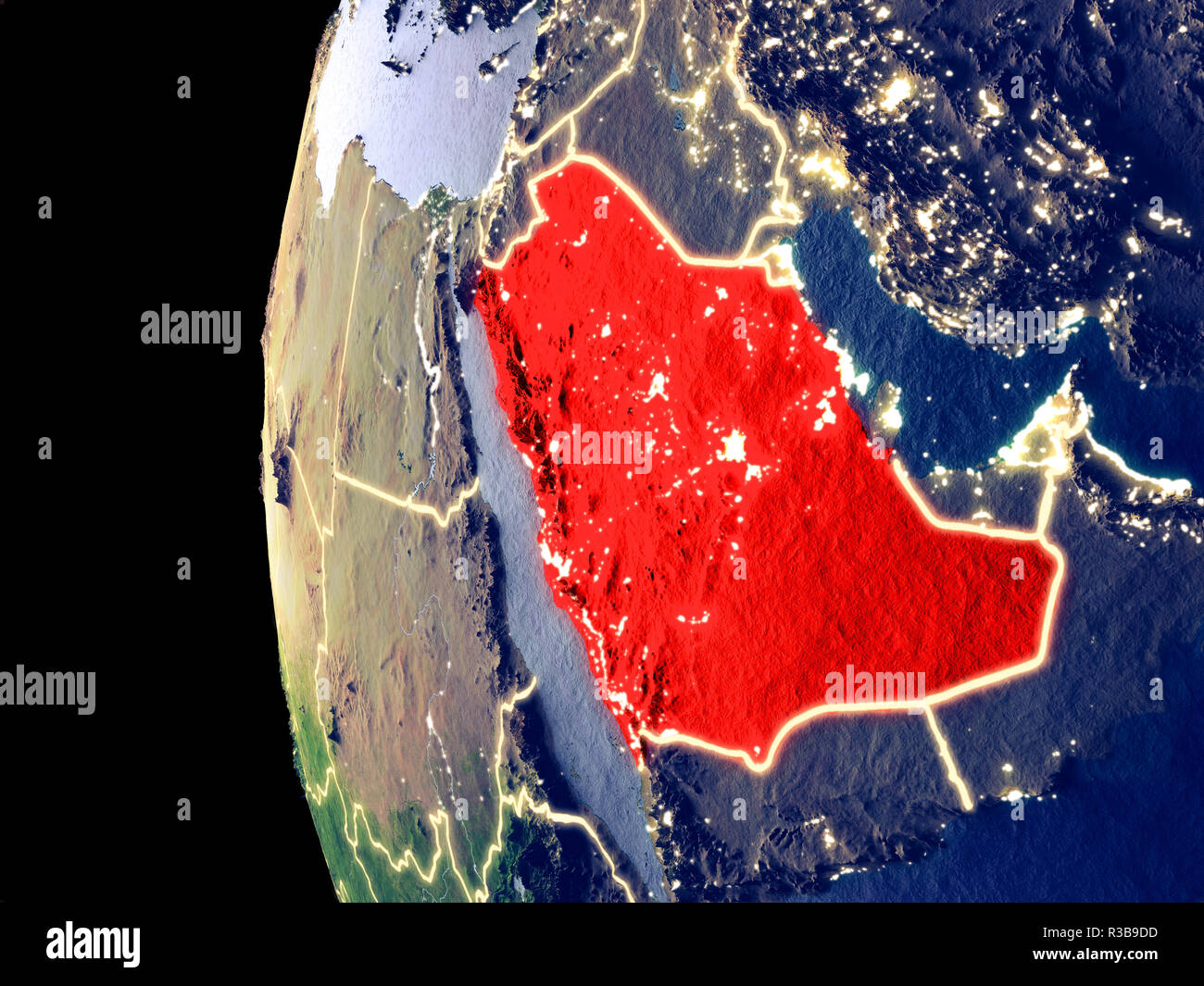 Night view of Saudi Arabia from space with visible city lights. Very ...