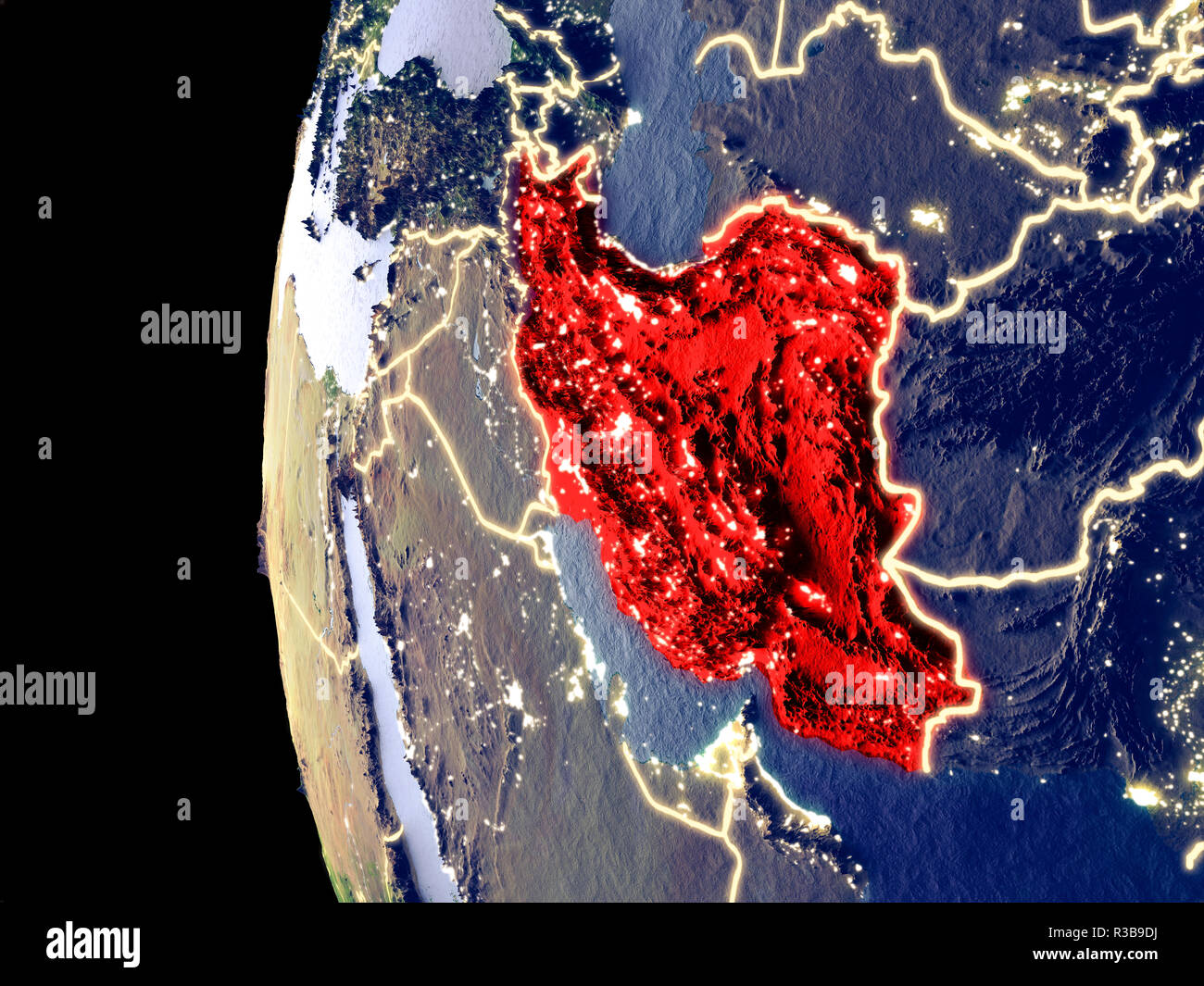 Night view of Iran from space with visible city lights. Very detailed ...