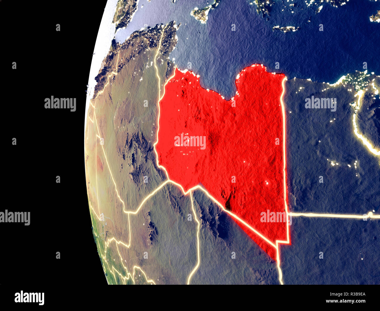Night view of Libya from space with visible city lights. Very detailed ...