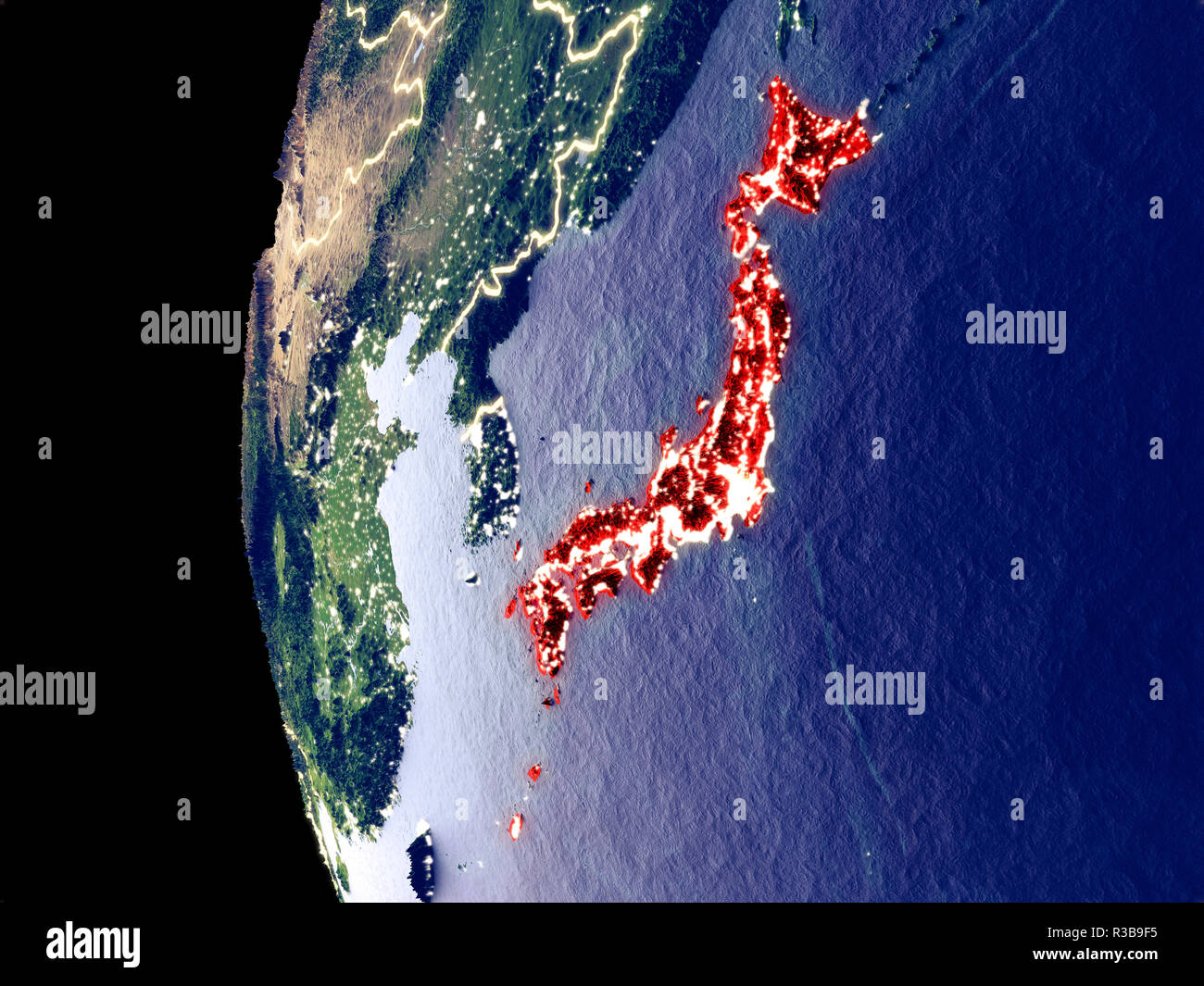 Night view of Japan from space with visible city lights. Very detailed ...