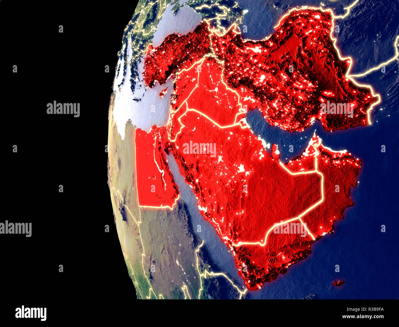Night view of Middle East from space with visible city lights. Very ...