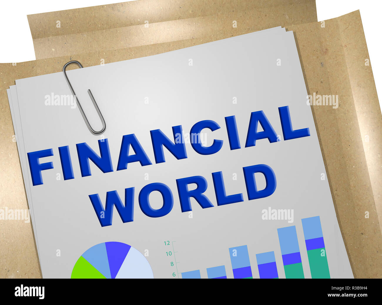 3D illustration of FINANCIAL WORLD title on business document Stock ...