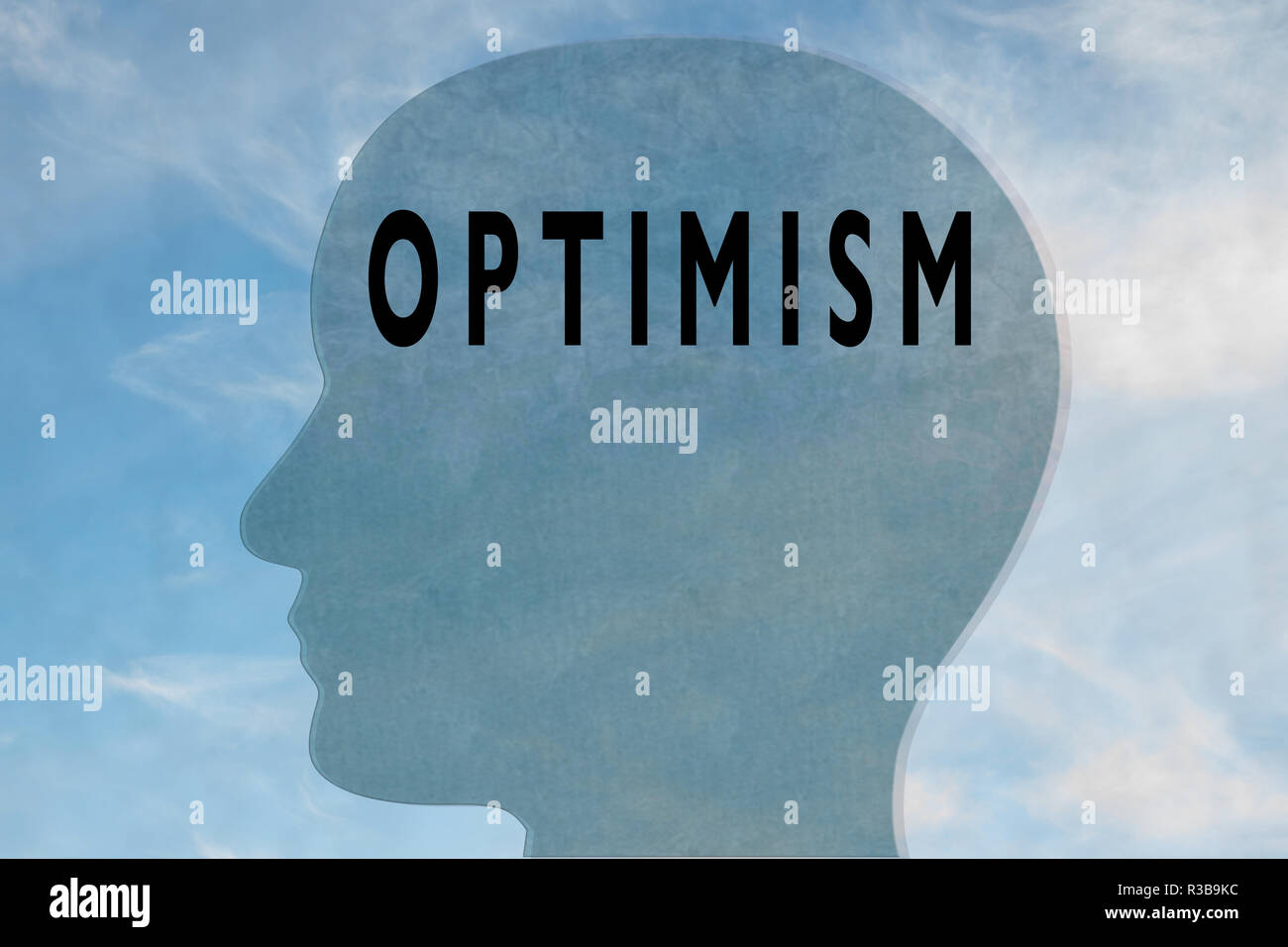 Render illustration of OPTIMISM title on head silhouette, with cloudy ...