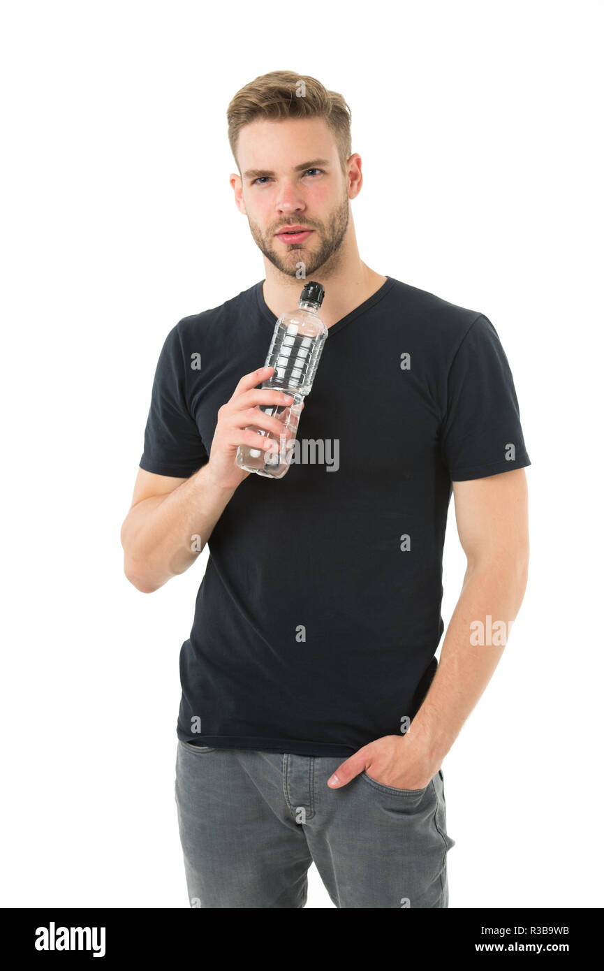 Guy drink water on white background. Man care health and water balance ...