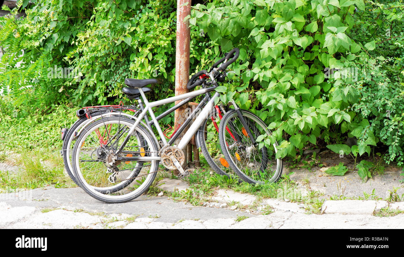 Two old bicycles in nature supported by a rusty column Stock Photo - Alamy