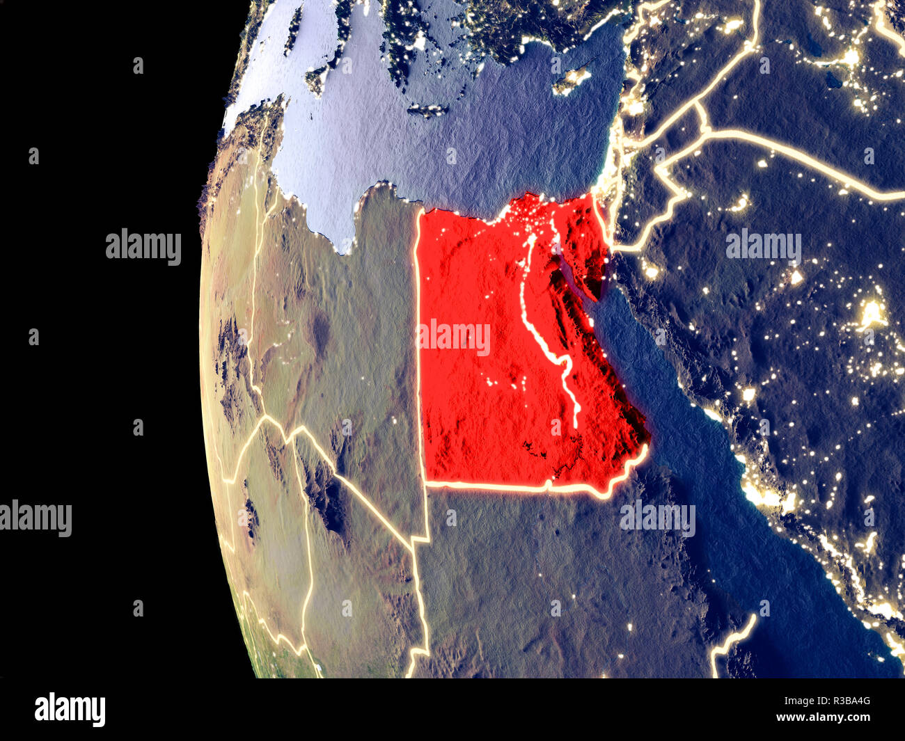 Night view of Egypt from space with visible city lights. Very detailed ...