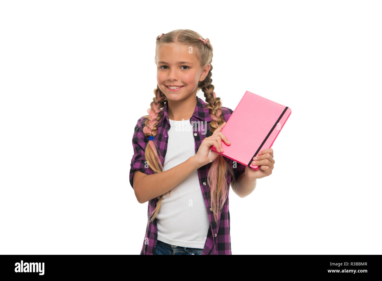Keeping her secrets in diary. Child cute girl hold notepad or diary ...
