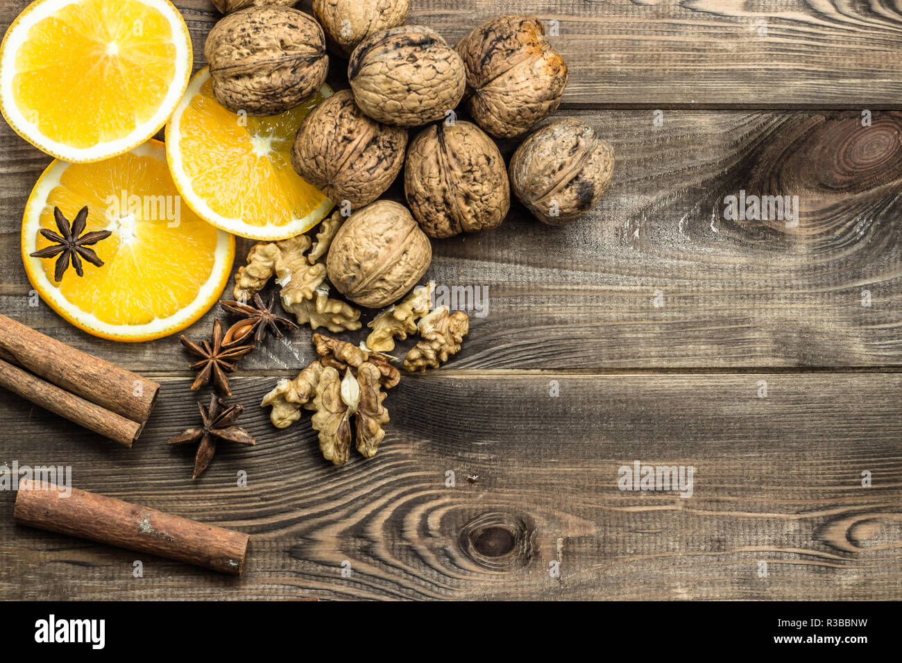 Christmas table with seasonal spices and fruits, overhead Stock Photo ...