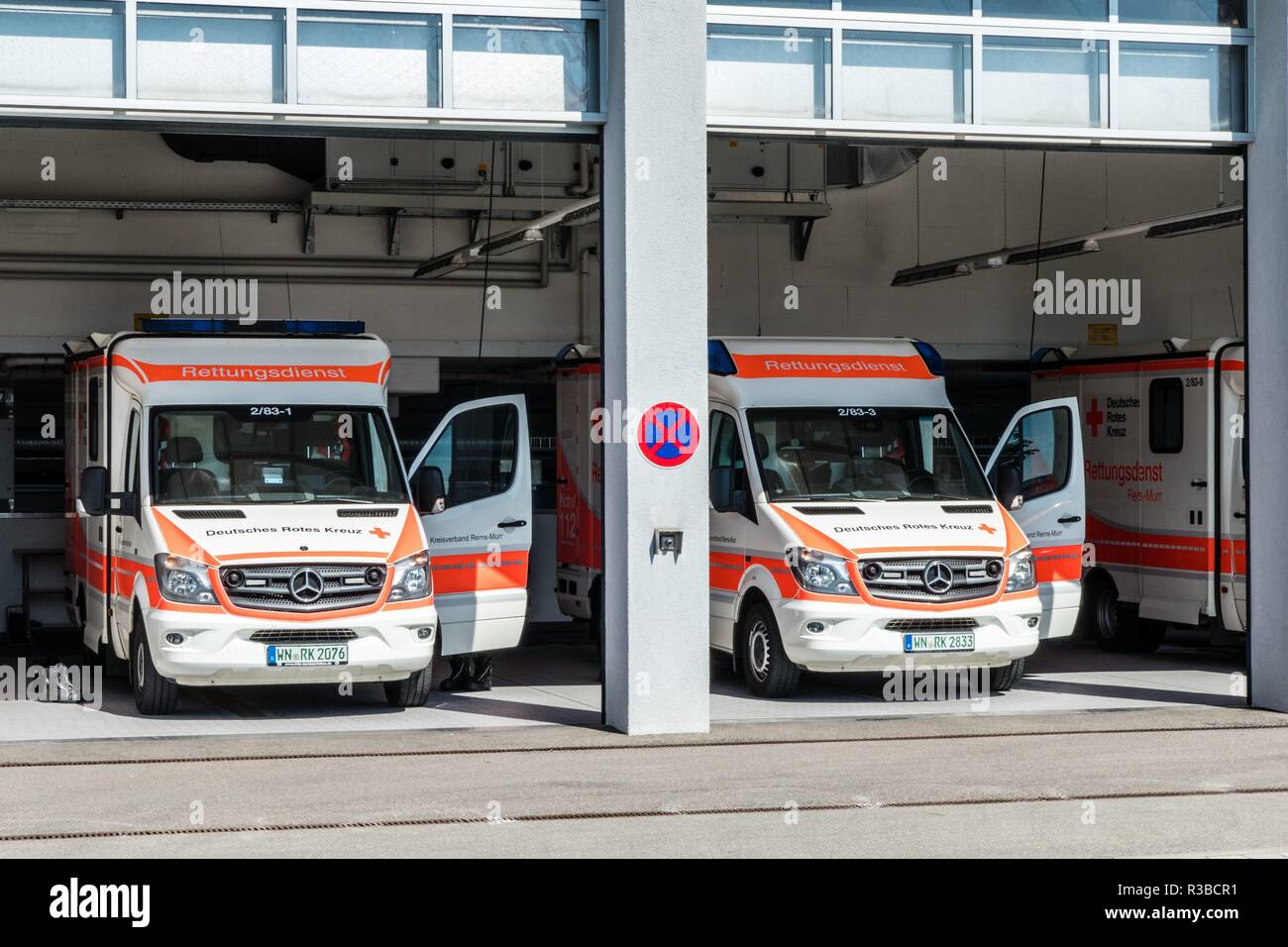 German Red Cross station with open roll-up doors and four Mercedes-Benz ...