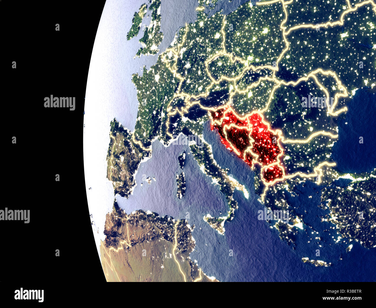 Night view of Former Yugoslavia from space with visible city lights ...