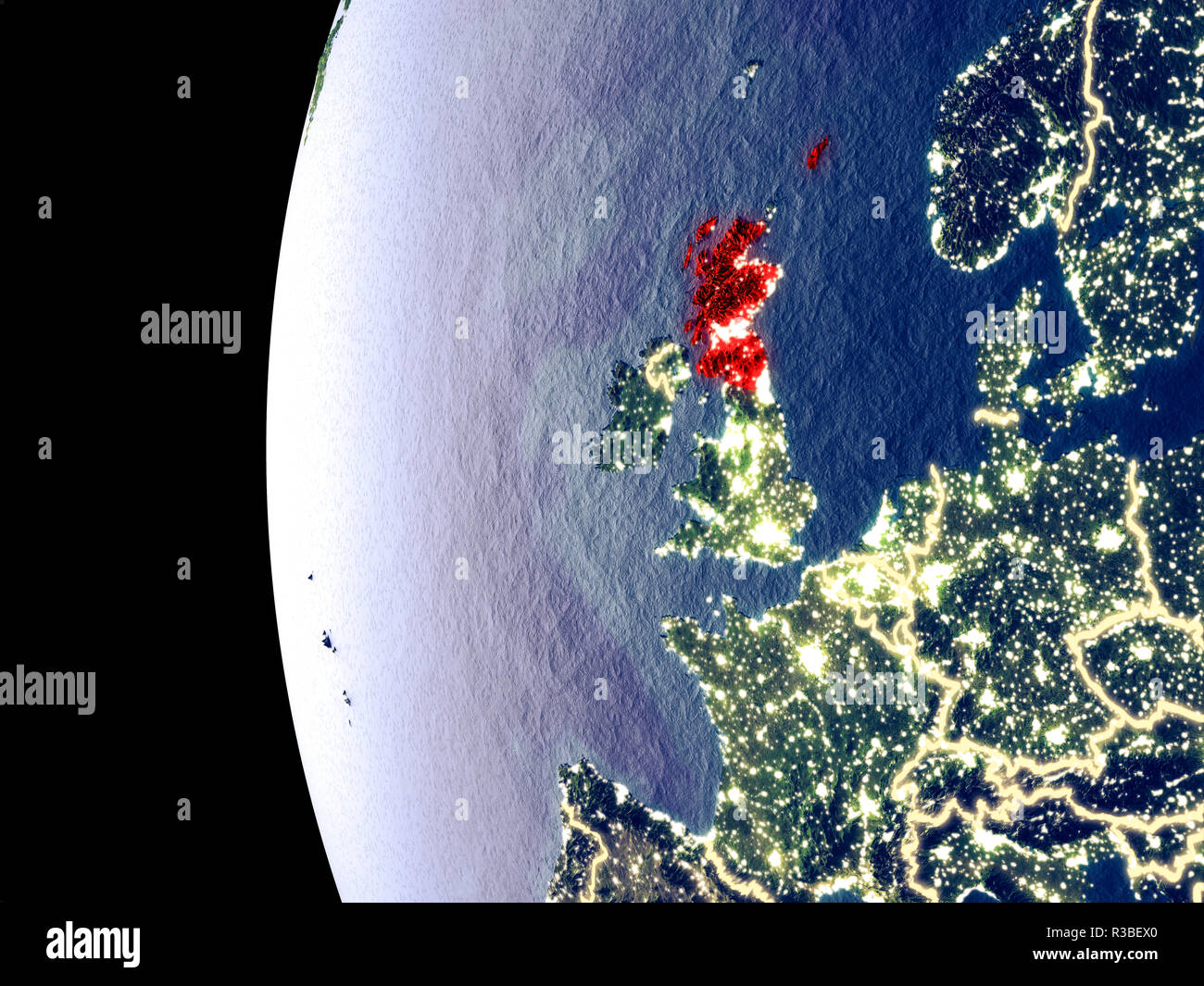 Night view of Scotland from space with visible city lights. Very ...