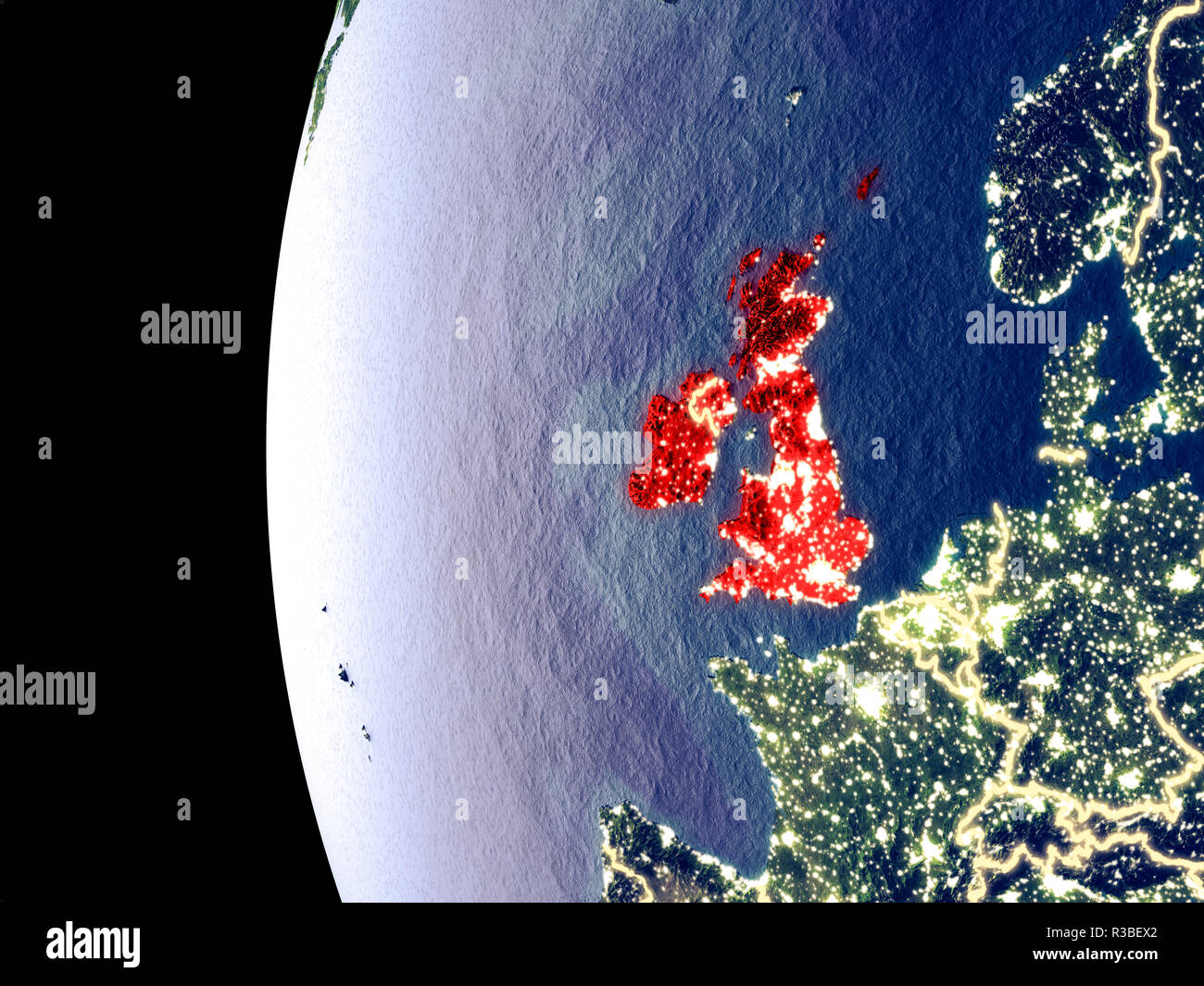 Night view of British Isles from space with visible city lights. Very ...