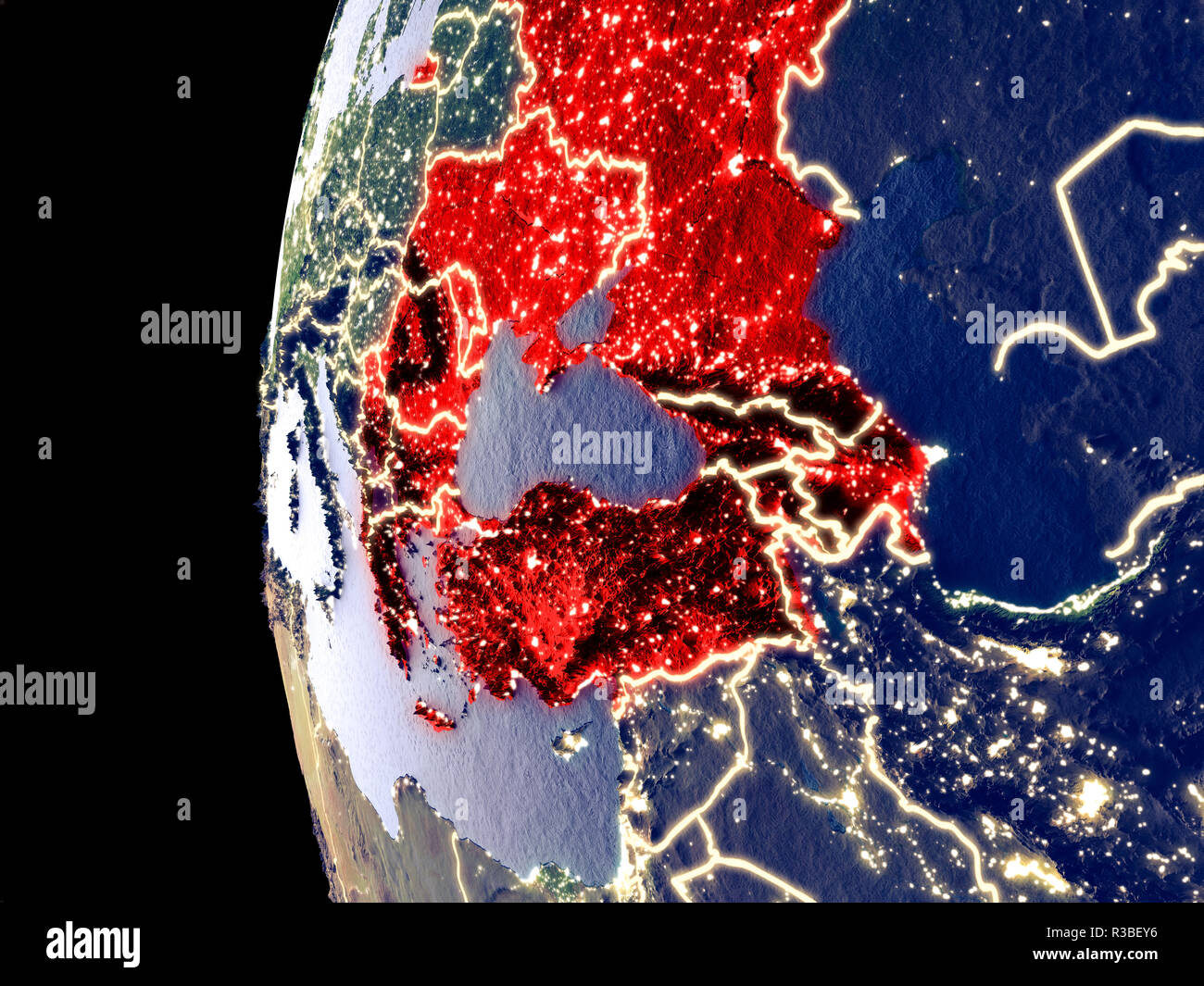 Night view of BSEC countries from space with visible city lights. Very ...