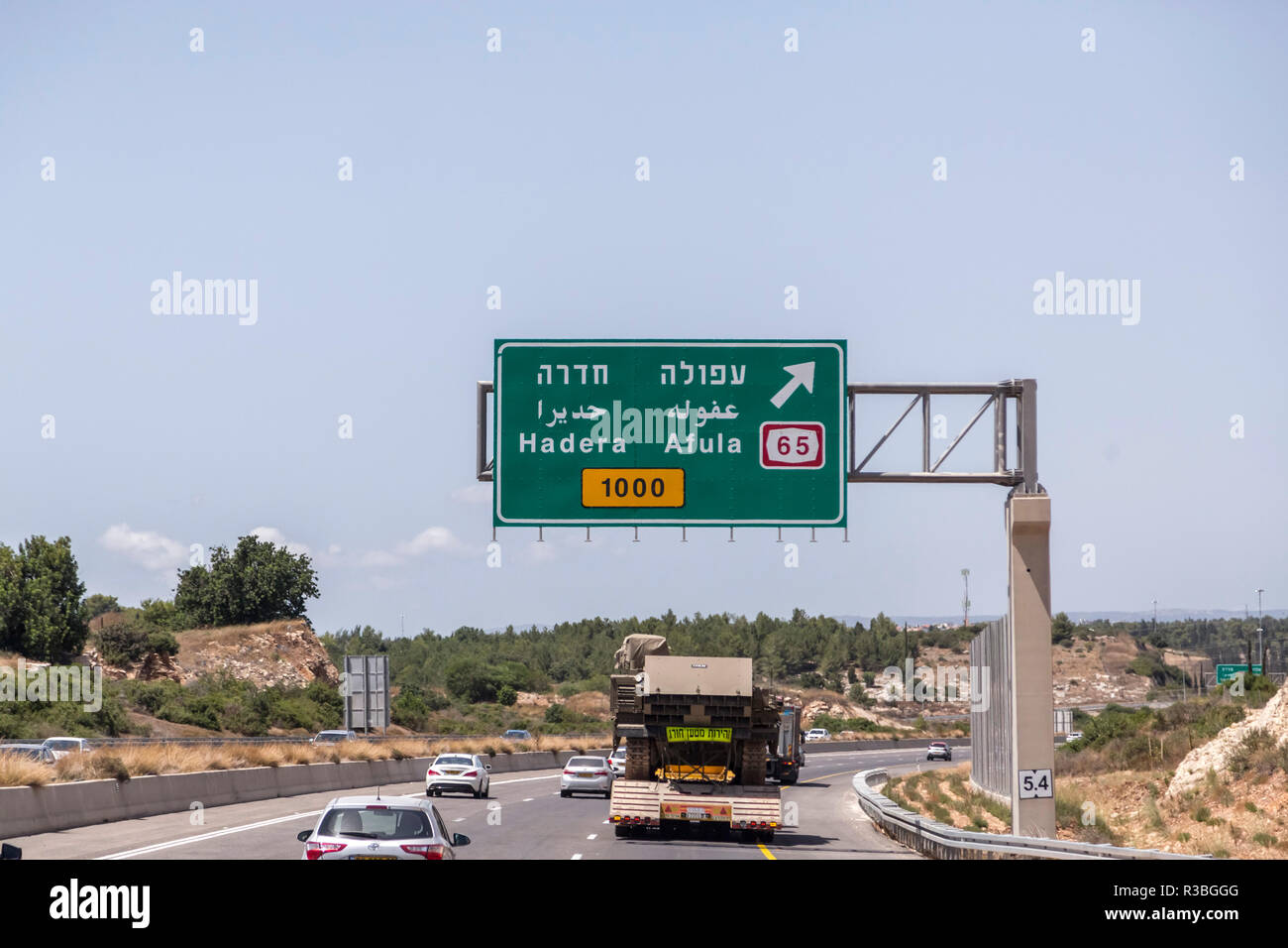 Jerusalem to Haifa, Israel - June 17, 2018: Highway with signs and ...