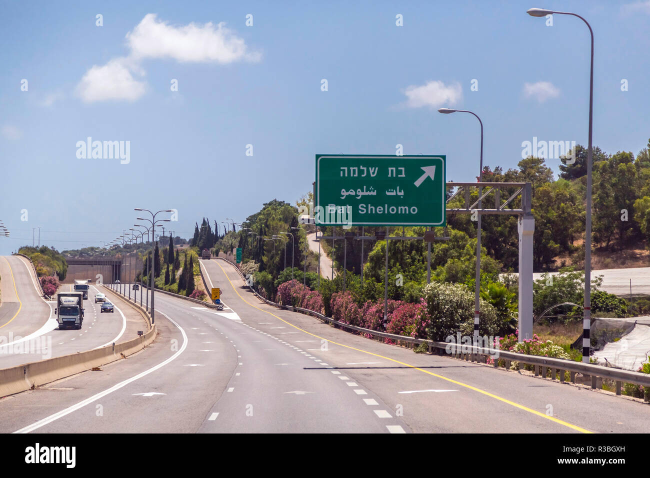 Jerusalem to Haifa, Israel - June 17, 2018: Highway with signs and ...