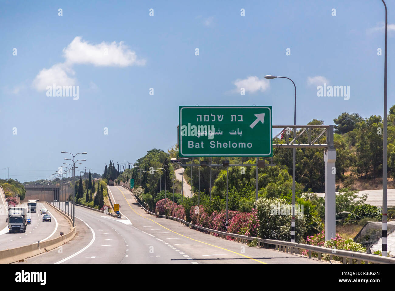 Jerusalem to Haifa, Israel - June 17, 2018: Highway with signs and ...