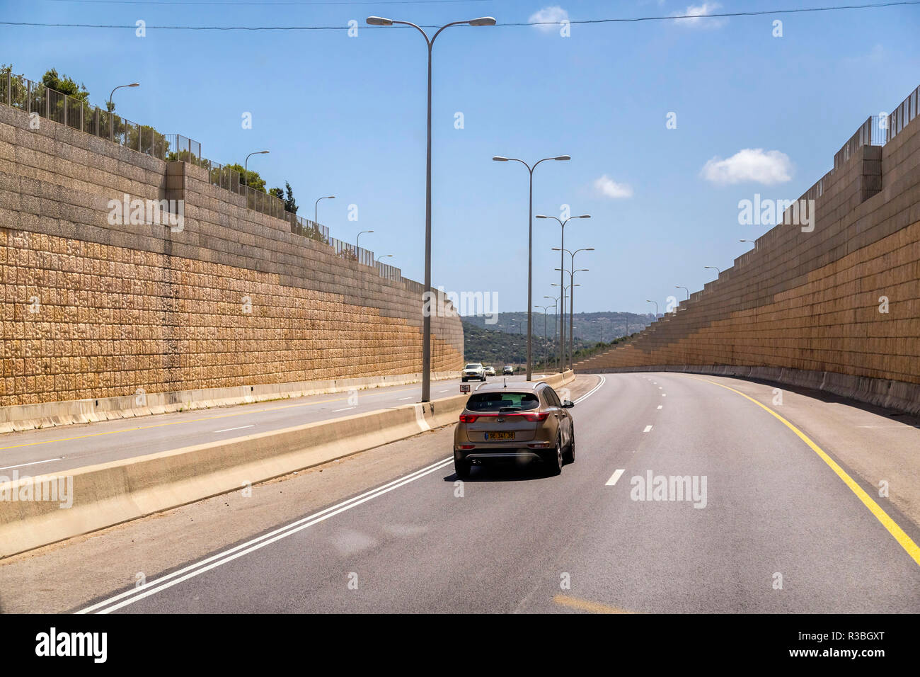 Jerusalem to Haifa, Israel - June 17, 2018: Highway with signs and ...
