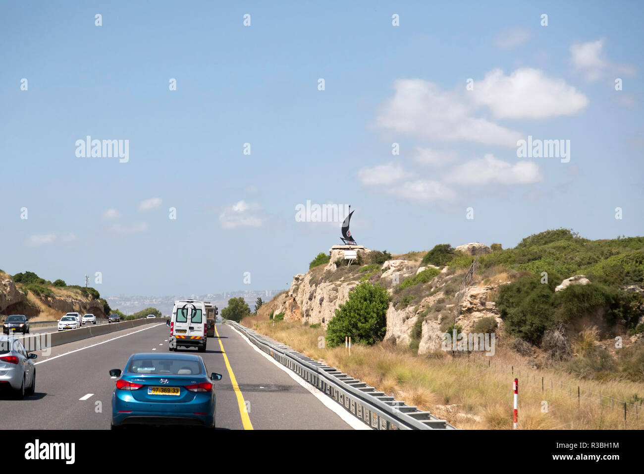 Jerusalem to Haifa, Israel - June 17, 2018: Highway with signs and ...