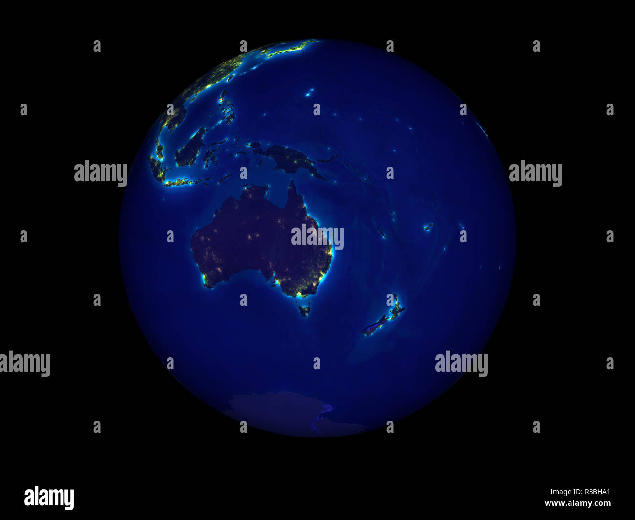 Australia on planet Earth at night from space. 3D illustration isolated ...