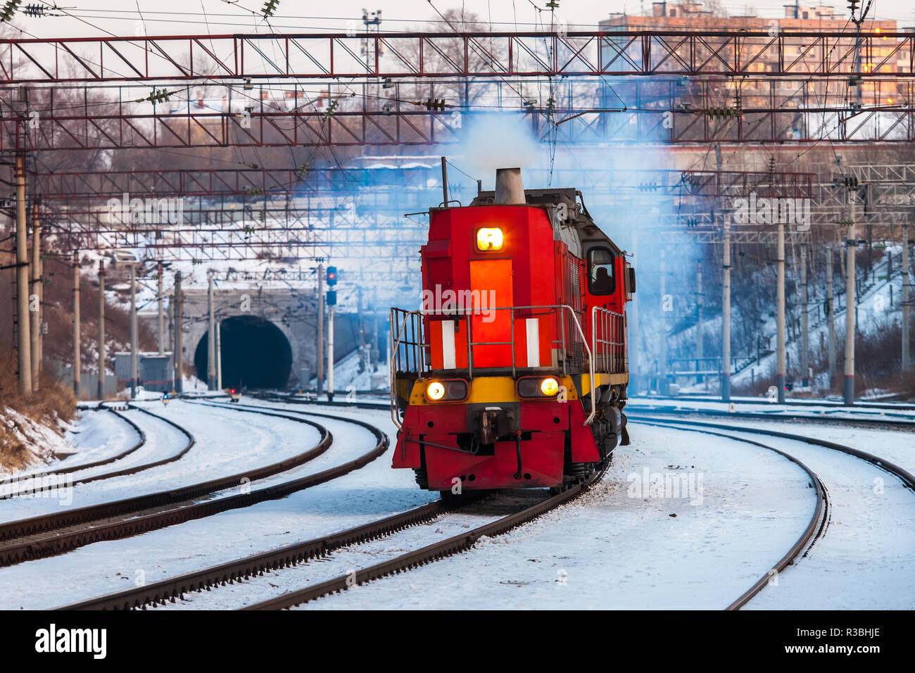 Red diesel engine shunting locomotive on the railroad Stock Photo - Alamy