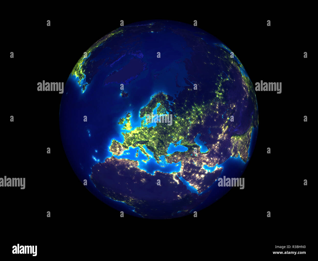 Europe on planet Earth at night from space. 3D illustration isolated on ...