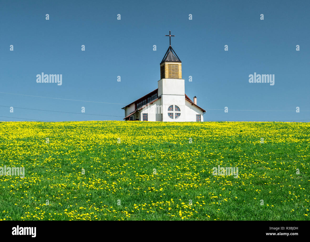 Small rural church in a field with yellow flowers Stock Photo - Alamy