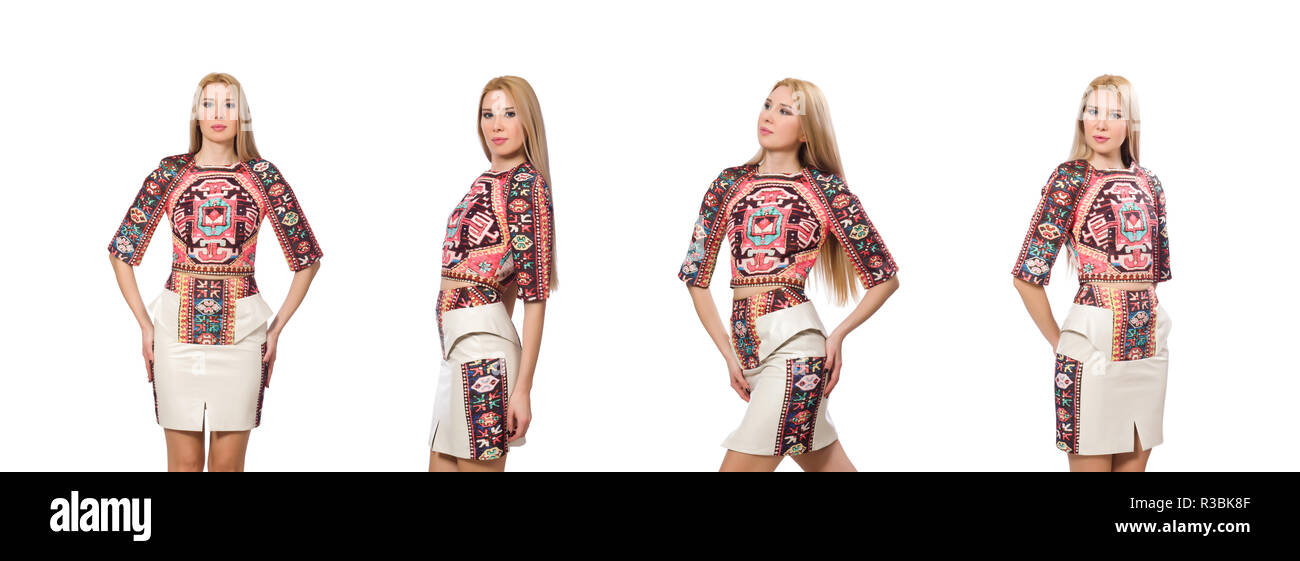 Pretty model in clothes with carpet prints isolated on white Stock ...