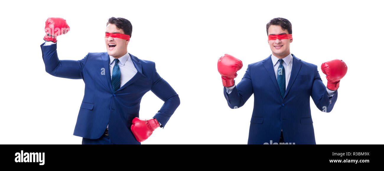 Lawyer with blindfold wearing boxing gloves isolated on white Stock ...