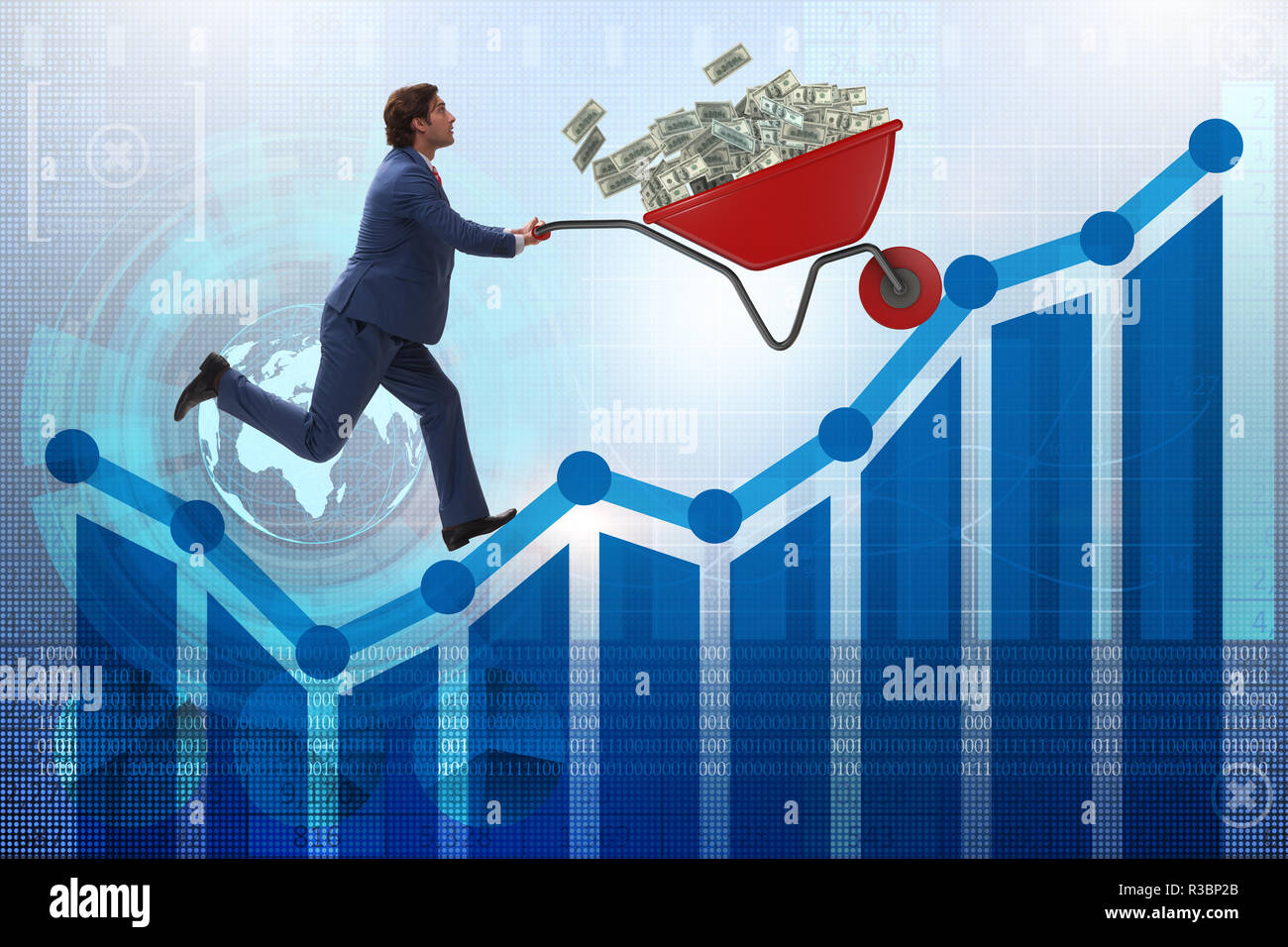 Businessman pushing wheelbarrow full of dollar money Stock Photo - Alamy