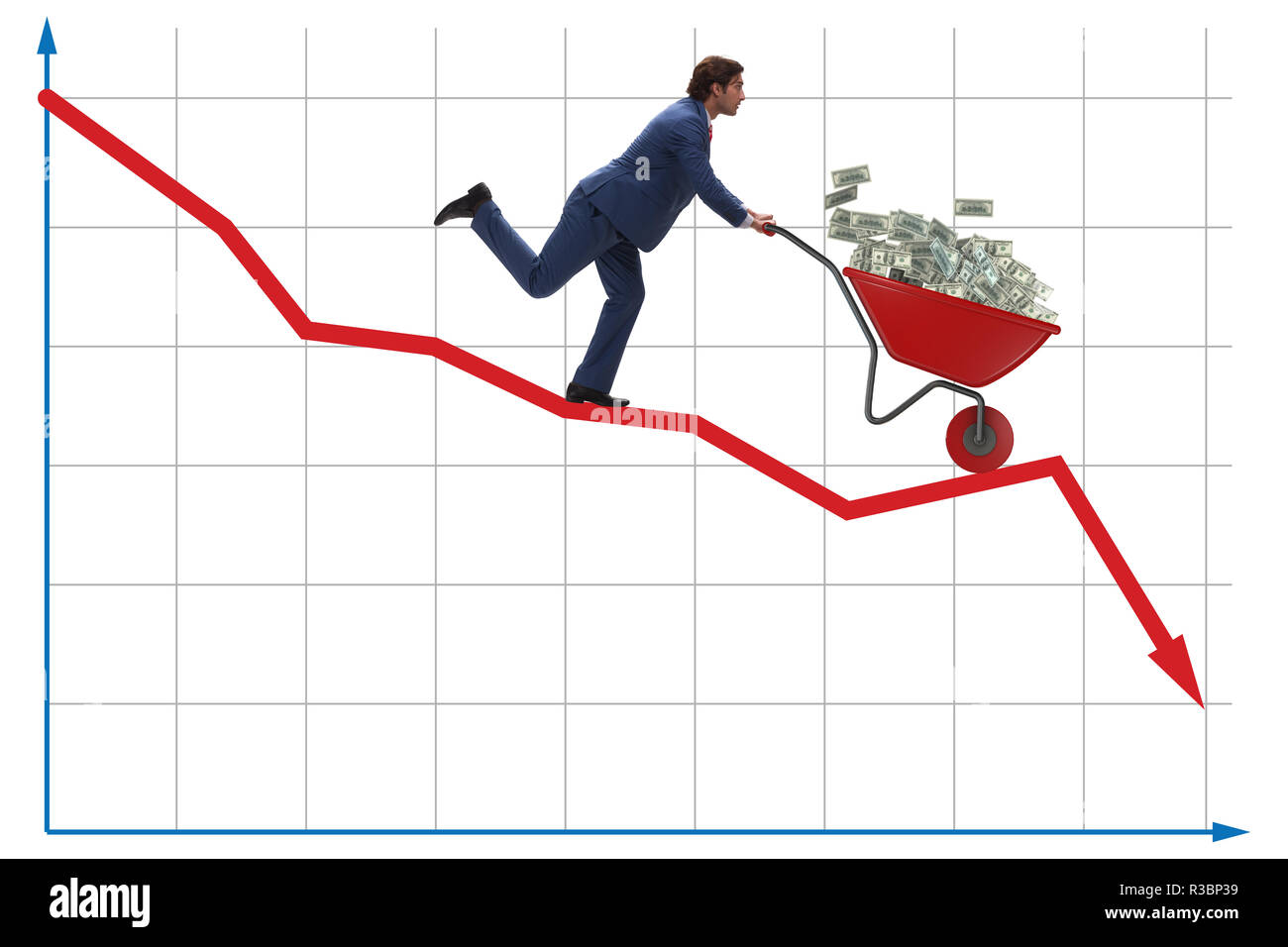 Businessman pushing money wheelbarrow down the chart Stock Photo - Alamy