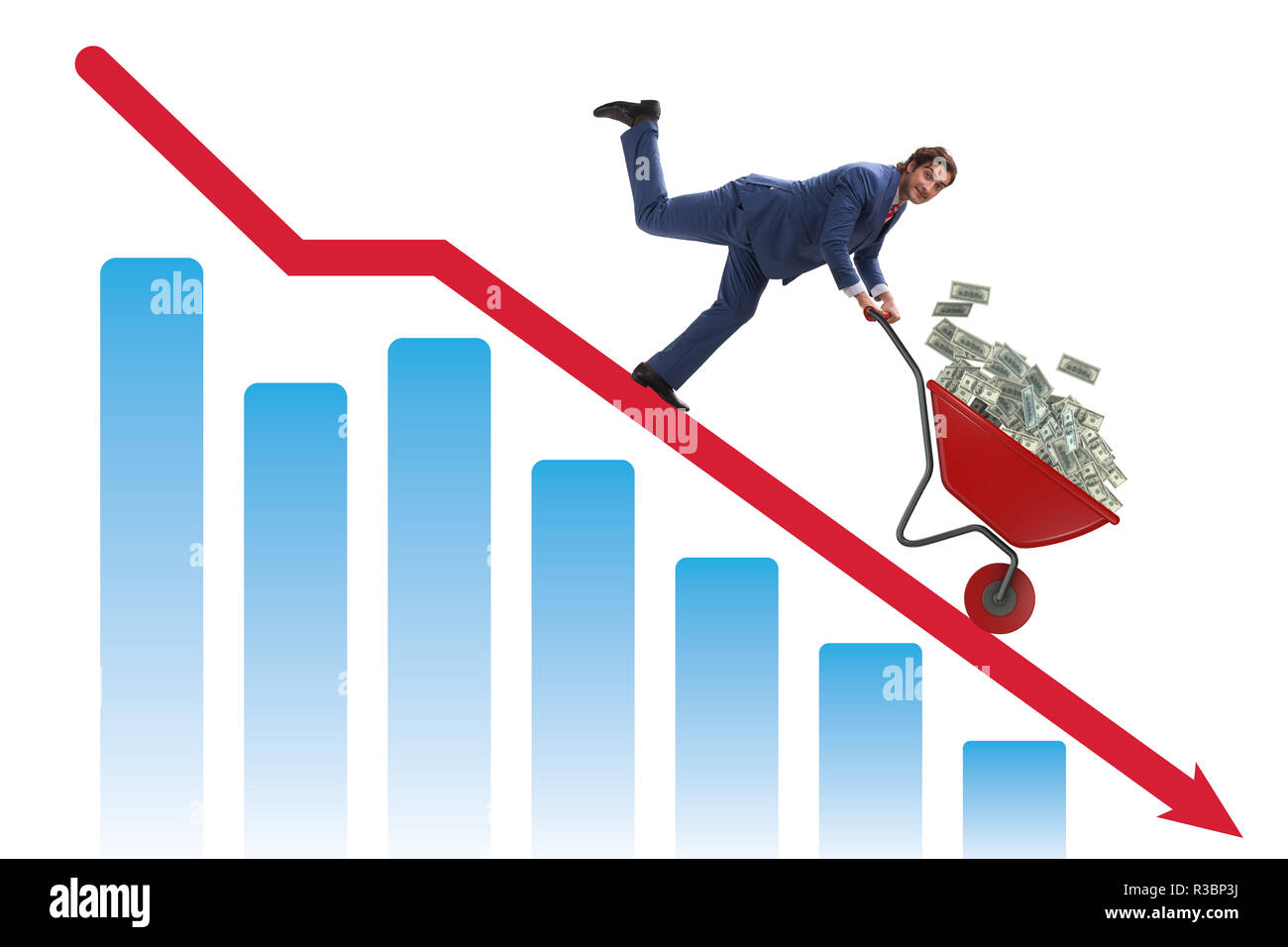 Businessman pushing money wheelbarrow down the chart Stock Photo - Alamy