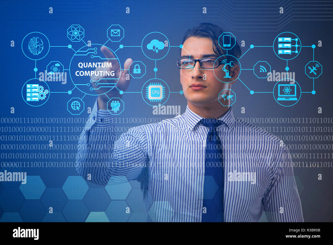 Businessman pressing virtual button in quantum computing concept Stock Photo - Alamy