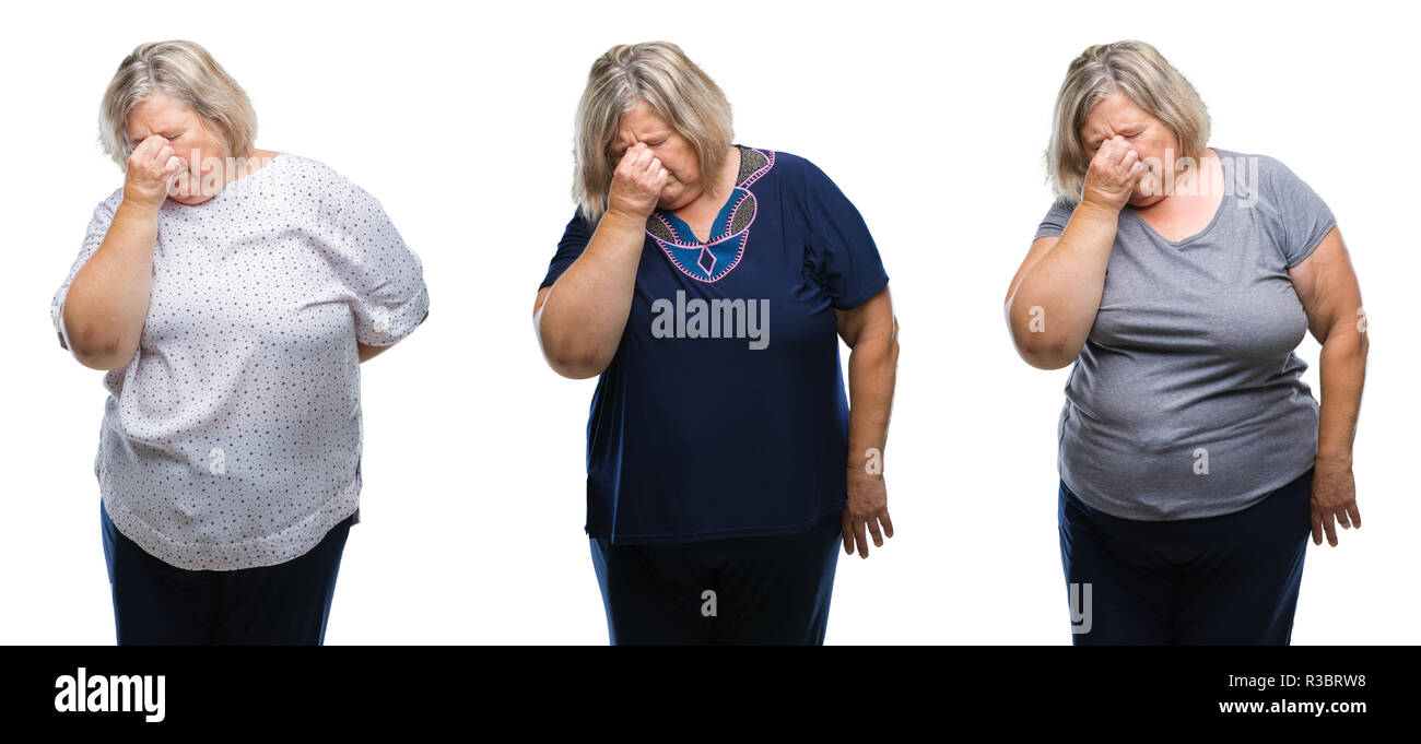 Collage of senior fat woman over isolated background tired rubbing nose ...