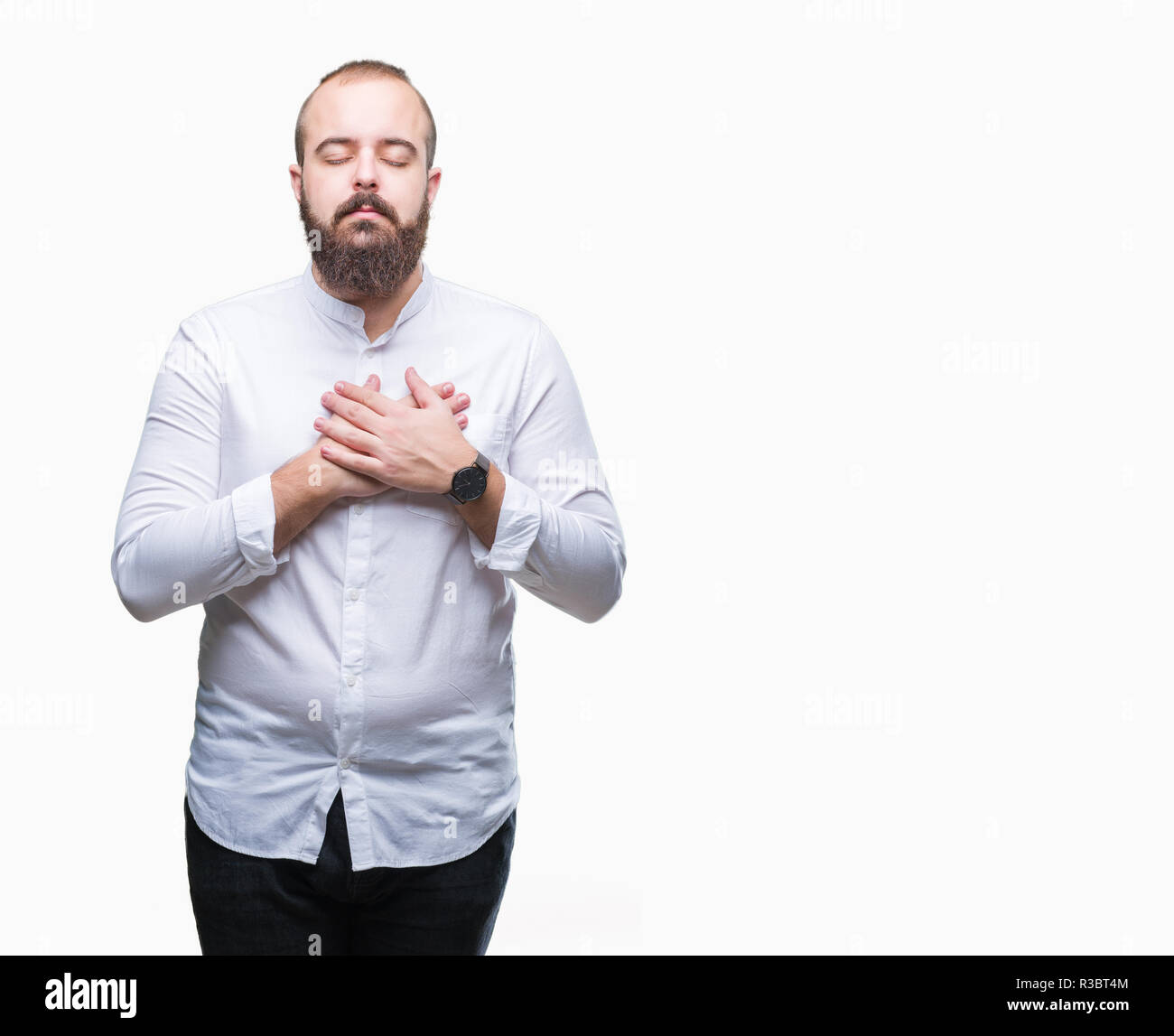 Young caucasian hispter man over isolated background smiling with hands ...