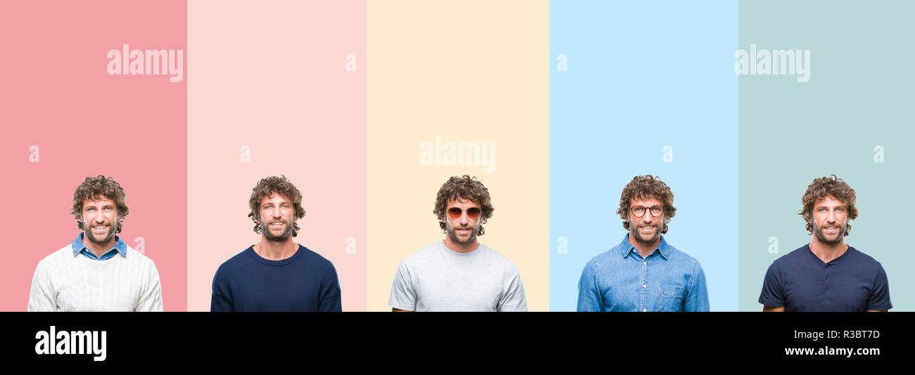 Collage of young casual man over colorful stripes isolated background ...