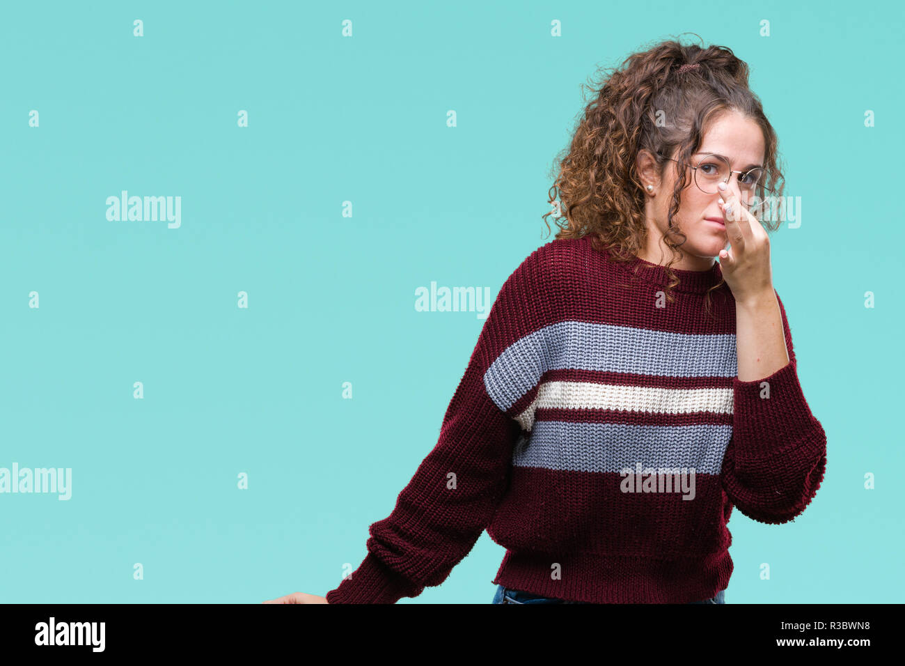 Beautiful Brunette Curly Hair Young Girl Wearing Glasses Over Isolated