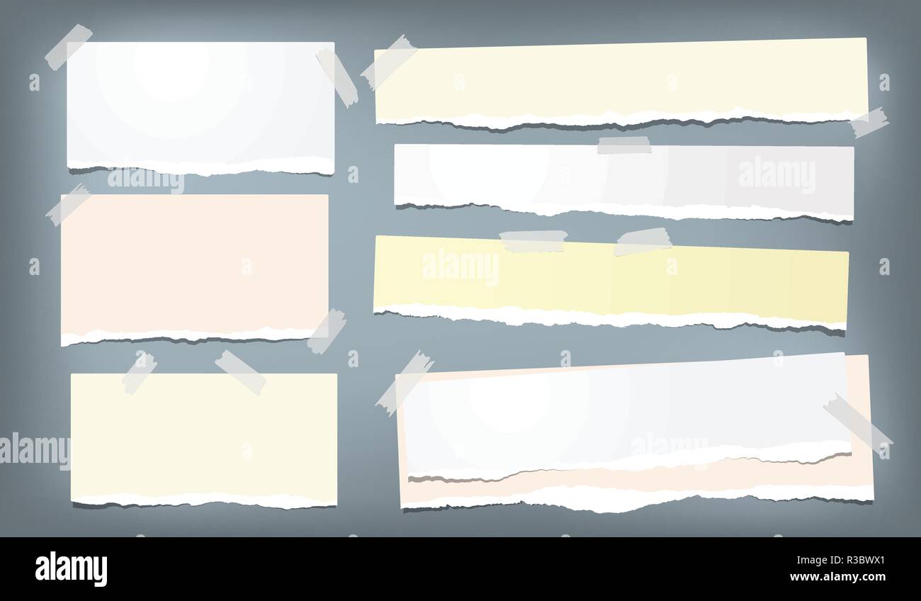 Colorful ripped notebook paper, torn note paper strips stuck on blue ...