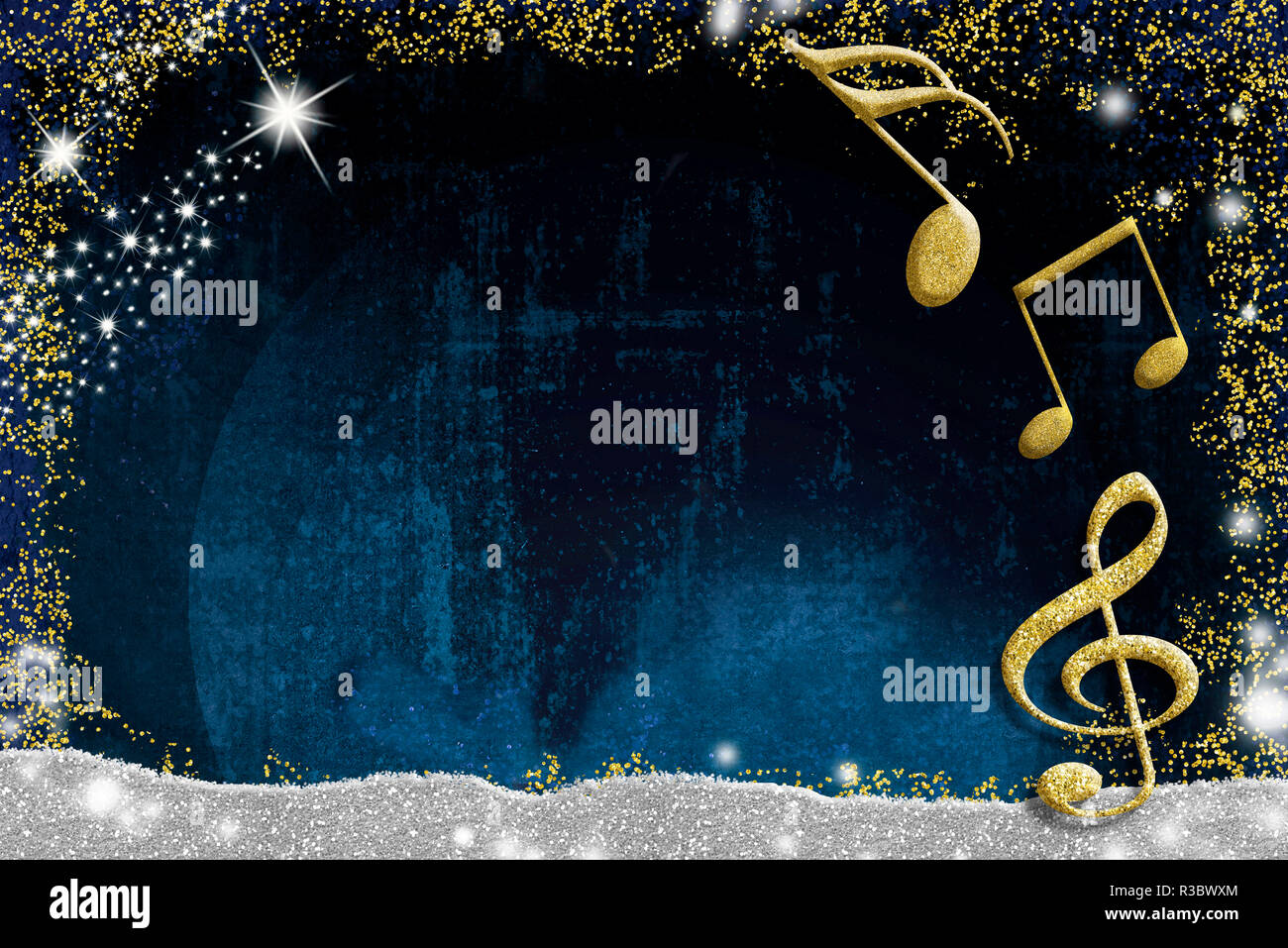 Musical invitation background. Musical notes in gold glitter and stars ...